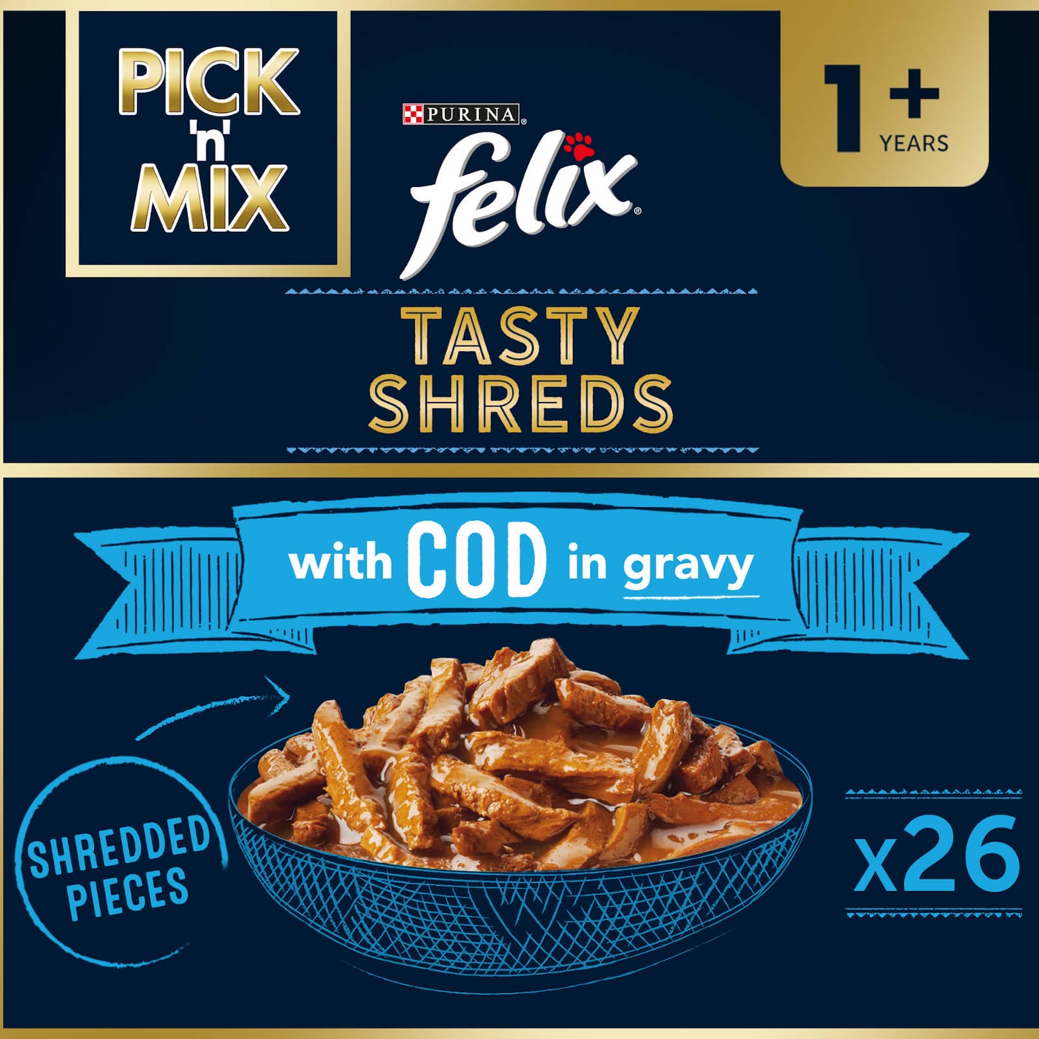 Felix Tasty Shreds Adult Wet Cat Food with Cod in Gravy 26x80g | Purina ...