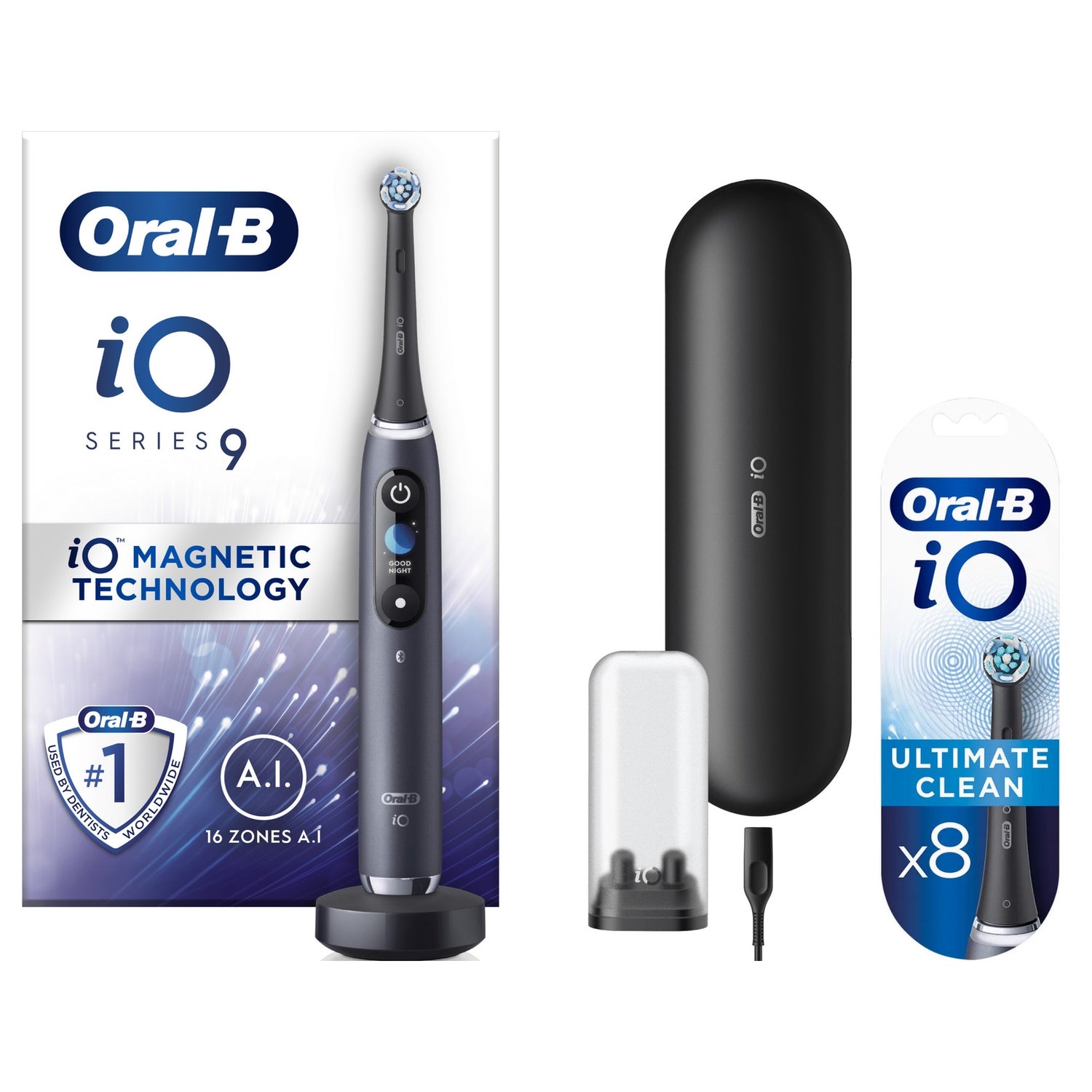 Oral B iO9 Black Onyx Electric Toothbrush with Charging Travel Case + 8 ...