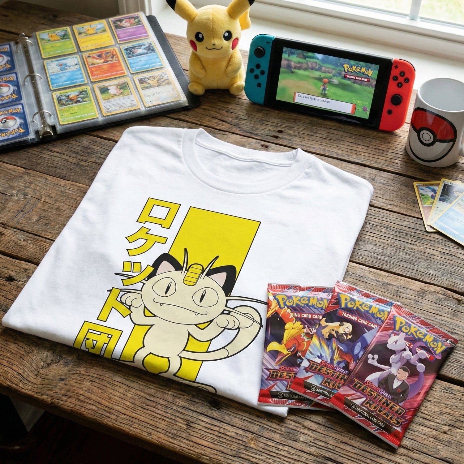 Pokémon Team Rocket Meowth T-Shirt & Pokémon TCG Bundle - 3 x Destined ...
