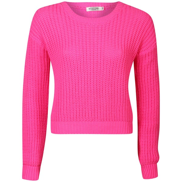Moku Women's Crop Fisherman Knit Jumper - Neon Pink Womens Clothing ...