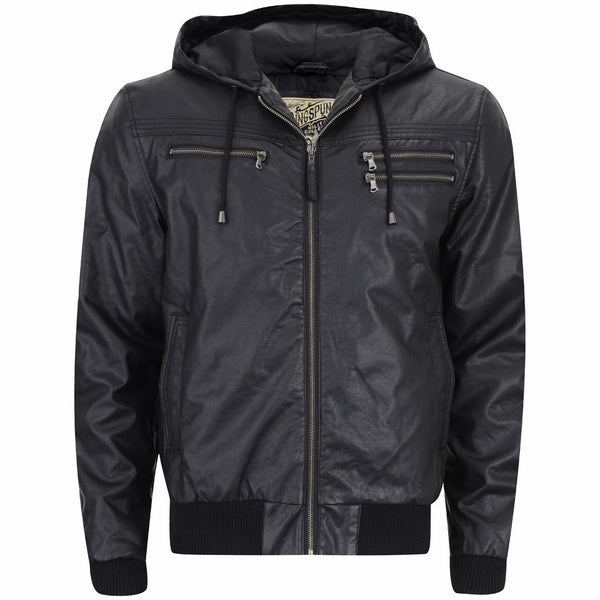 Ringspun Men's Hackney Leather Look Hooded Jacket - Black Mens Clothing ...
