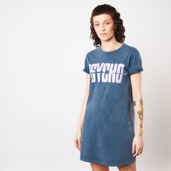 Psycho Logo Embroidered Women's T-Shirt Dress - Navy Acid Wash Clothing ...