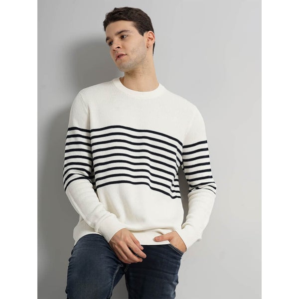 Cotton Off-White Horizontal Stripes Sweater | Celio