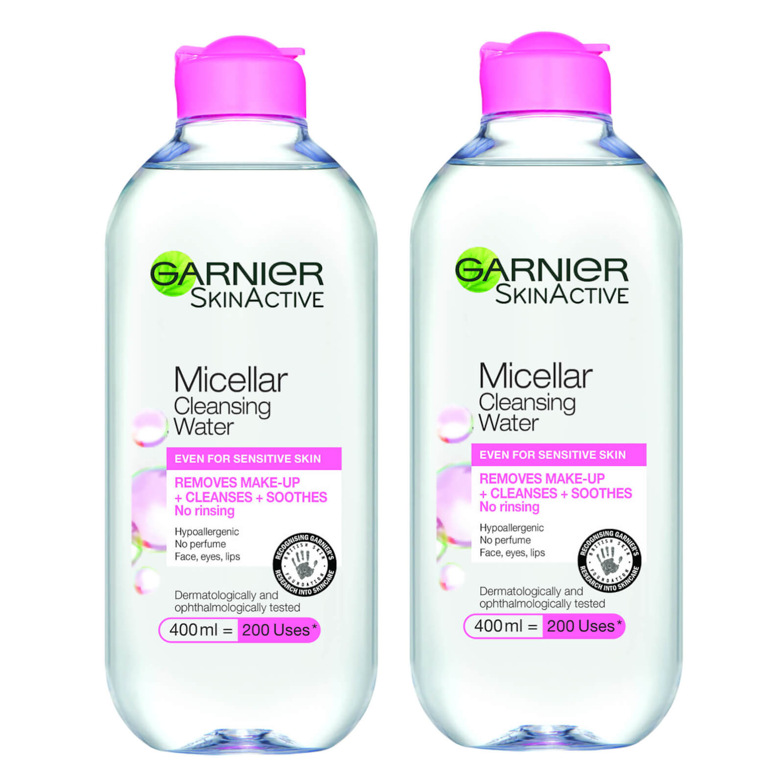 Garnier Micellar Water Facial Cleanser Sensitive Skin 400ml Duo Pack LOOKFANTASTIC