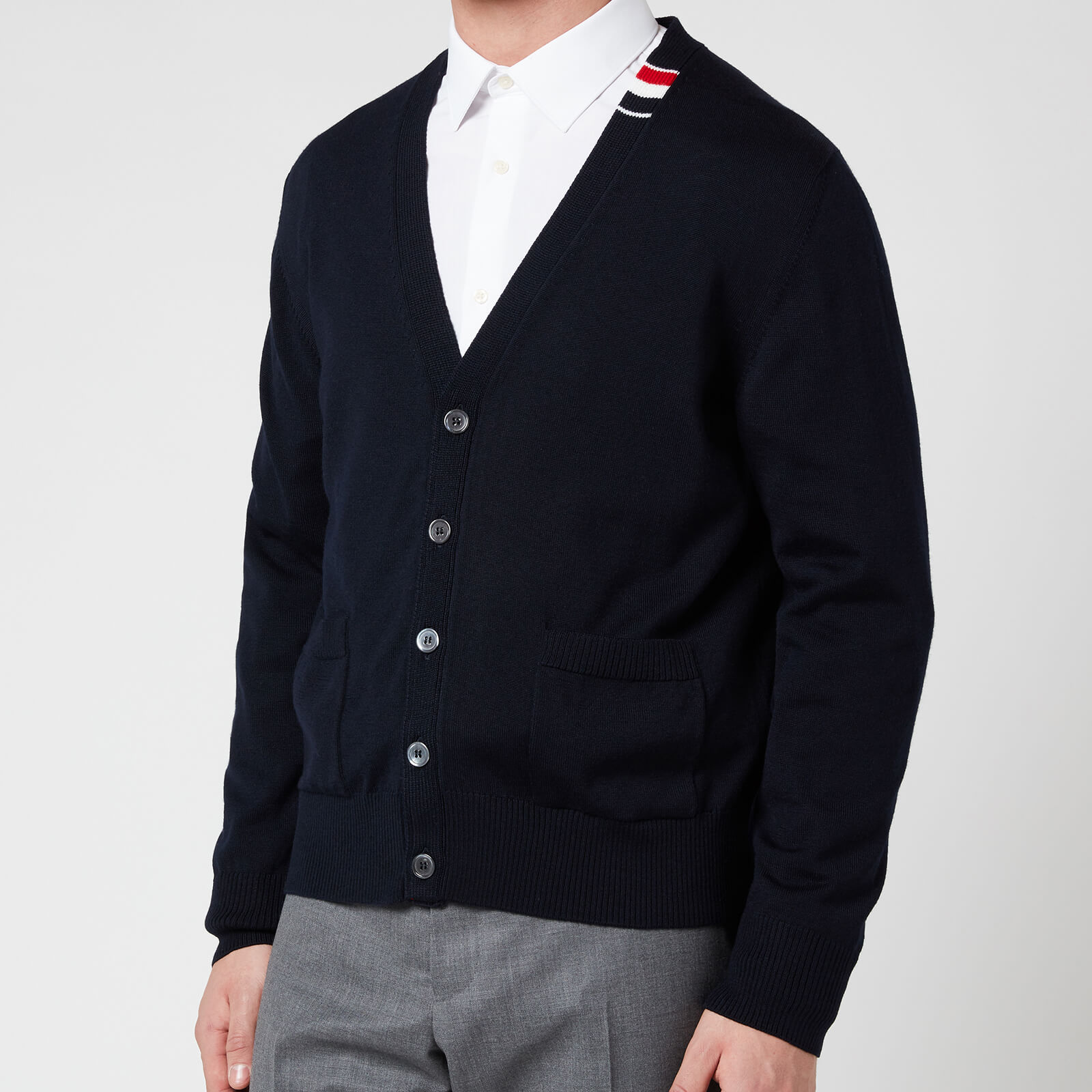 Thom Browne Men's Tricolour Tab Relaxed Fit V-Neck Cardigan - Navy - 1 ...