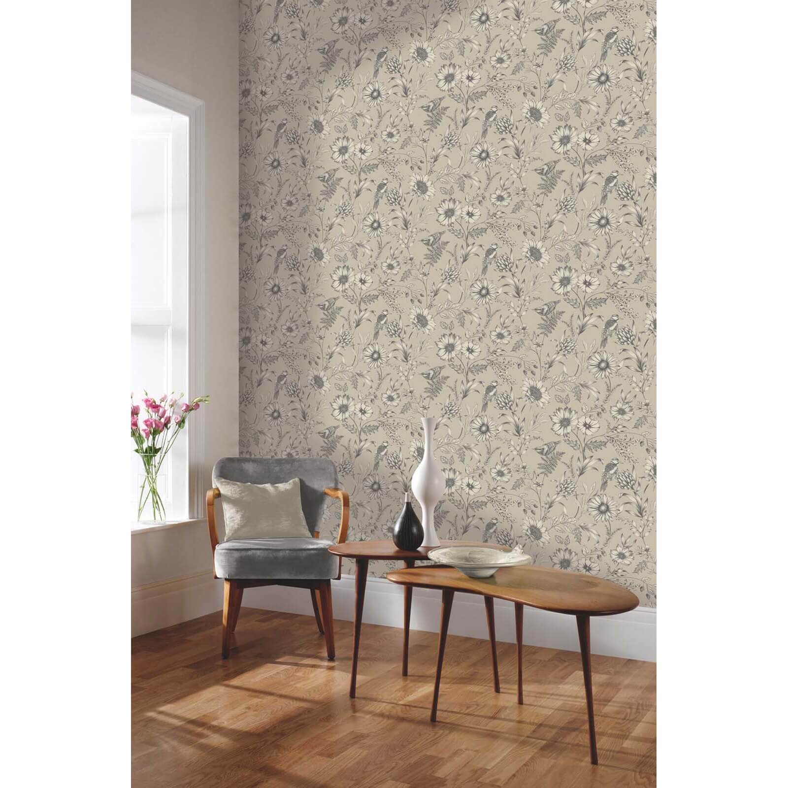 Arthouse Botanical Songbird Floral Smooth Glitter Natural Wallpaper ...