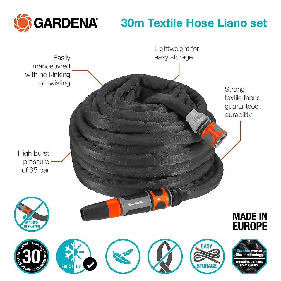 GARDENA Textile Hose Liano Set - 30m | Homebase