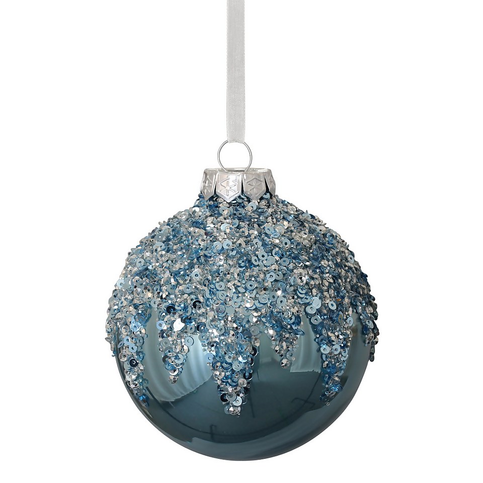 Duck Egg Sequin Glass Christmas Tree Bauble - 90mm | Homebase