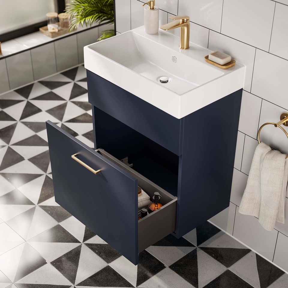 Bliss 600mm Wall Hung 1 Drawer Vanity Unit & Basin - Indigo Blue | Homebase
