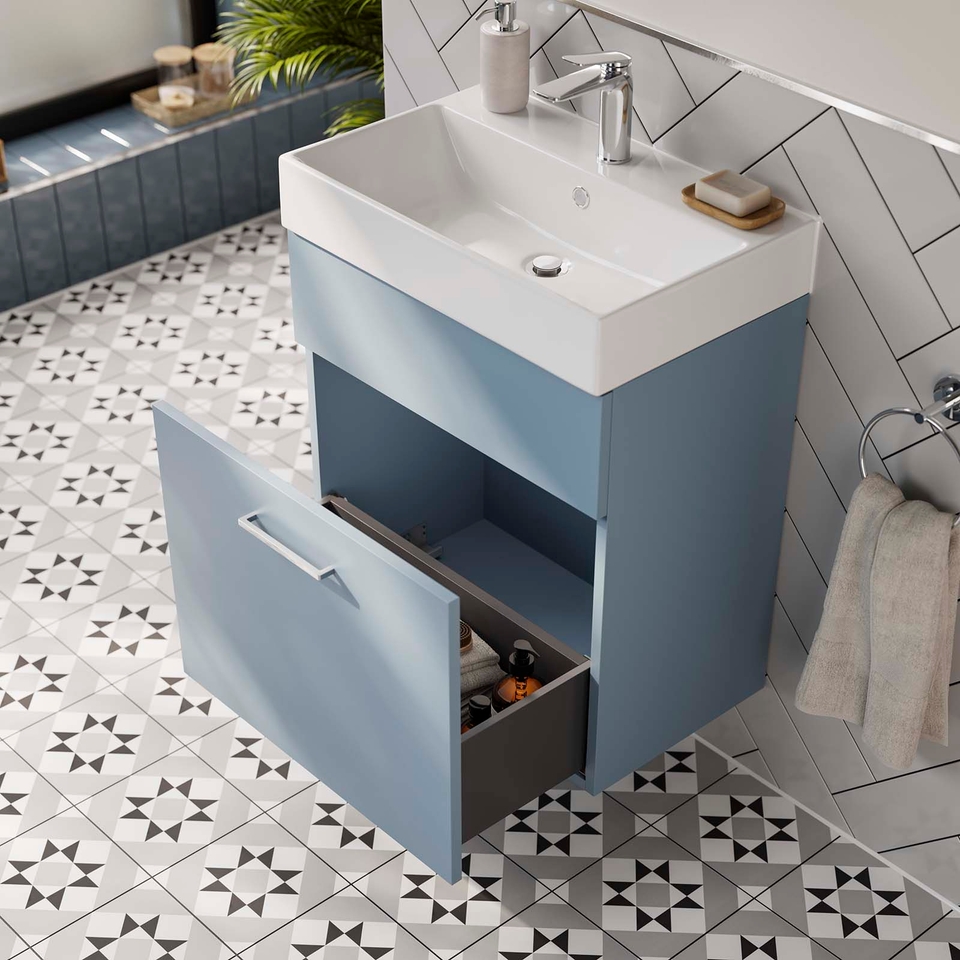 Bliss 600mm Wall Hung 1 Drawer Vanity Unit & Basin - Denim Blue | Homebase