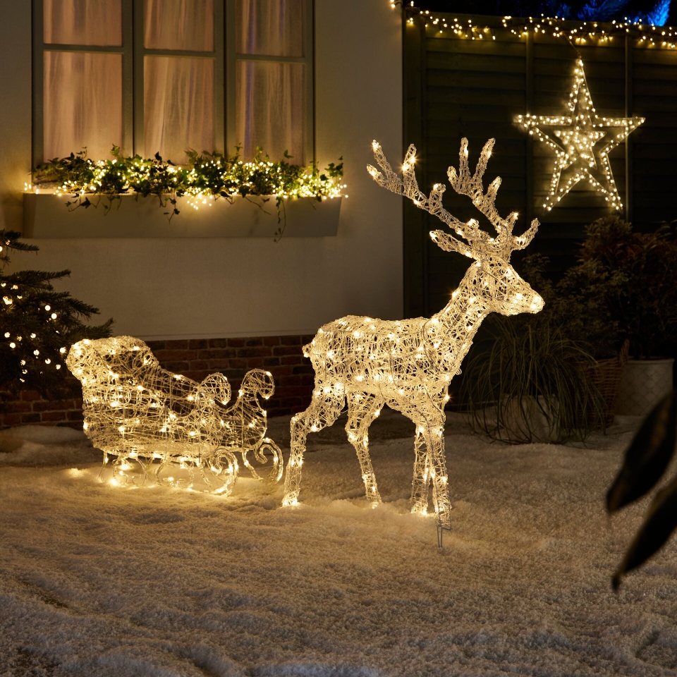3 in 1 Acrylic LED Reindeer Sleigh 3D Outdoor Christmas Light Decoration Homebase