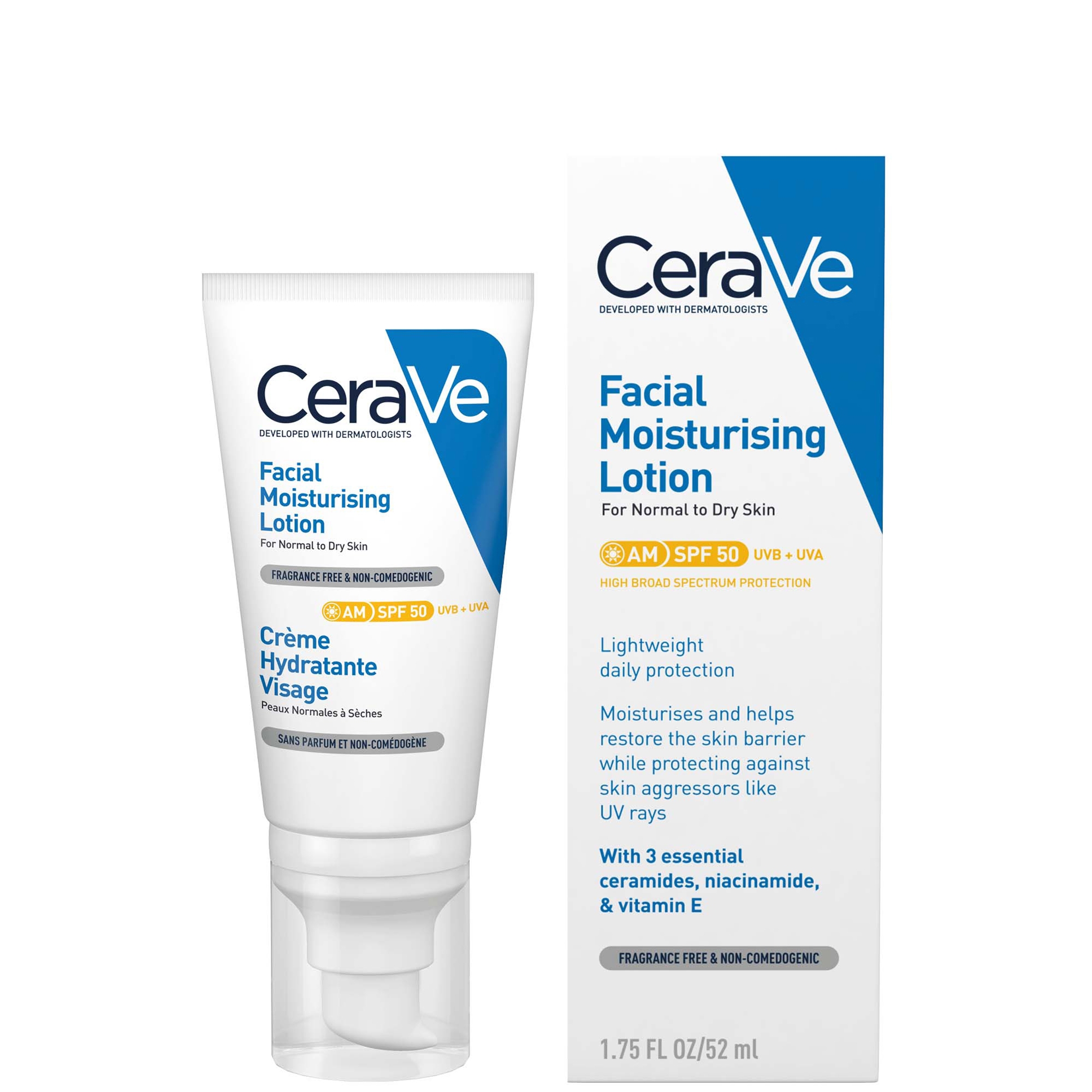 CeraVe AM Facial Moisturising Lotion SPF50 for Normal to Dry Skin 52ml ...