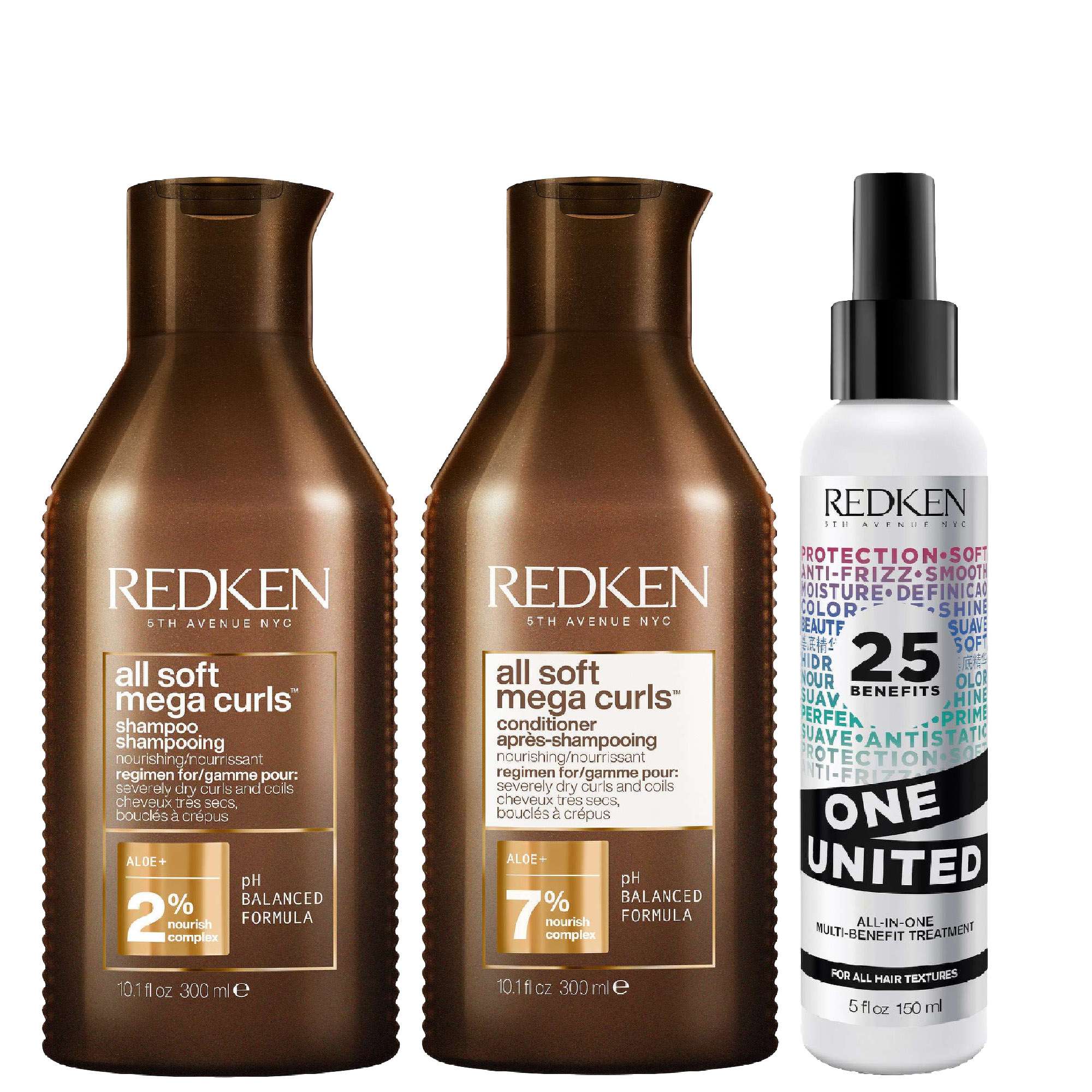Redken Trio: All Soft Mega Curls Shampoo 300ml, Conditioner 300ml & One ...